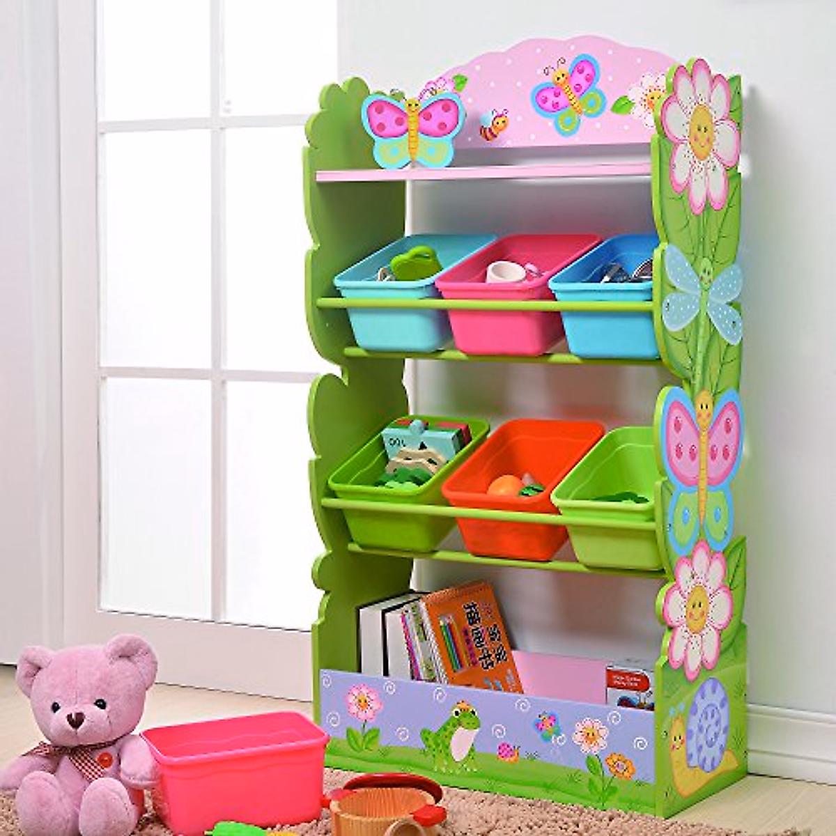Fantasy Fields - Magic Garden Kids Wooden Furniture, Toy Organizer with 6 Removable Bins and Extra Storage, Combo Shelf, Pink