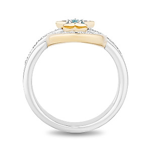 Jewelili Enchanted Disney Fine Jewelry Sterling Silver and 10K Yellow Gold 1/6 CTTW Diamond, Swiss Blue Topaz Aladdin 30th Anniversary Jasmine Star & Moon Ring Size 8
