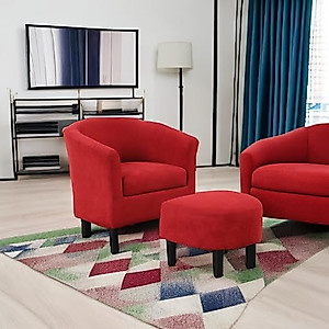 INZOY Modern Accent Chair with Ottoman, Upholstered Barrel Reading Chair with Foot Rest, Comfy Fabric Armchairs for Living Room Bedroom Small Spaces, Easy to Assemble (Red)