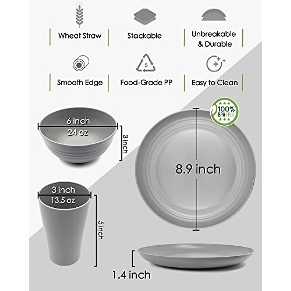 KITWILD Wheat Straw Dinnerware Sets, 12-Piece Lightweight Plastic Dinnerware Set with 8.9 Inch Unbreakable Plates, Bowl Set and Cup Set, BPA free, Dishwasher & Microwave Safe, Service for 4 - Grey
