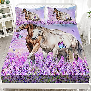 HOSIMA Farm Animal Bedding Set Horse Fitted Sheet,Butterfly Lilac Floral Fitted Sheet Sets for Girls Couple Room Decor Aesthetic Bedding Sets Castle Fairy Twin Fitted Sheet with 2 Pillowcases.