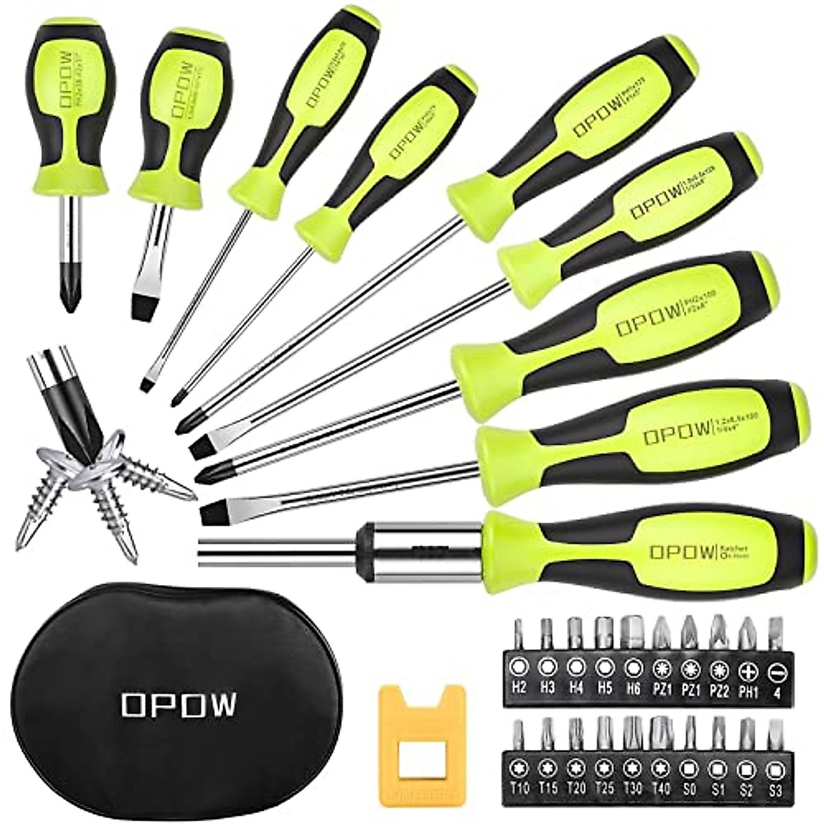 OPOW Magnetic Screwdriver Set with Storage Case, 30-Piece Professional Screwdrivers Includes Slotted/Phillips/Hex/Torx/Square/Pozi Head, Ratcheting and Screwdriver Bits, Non-Slip Handle Design.