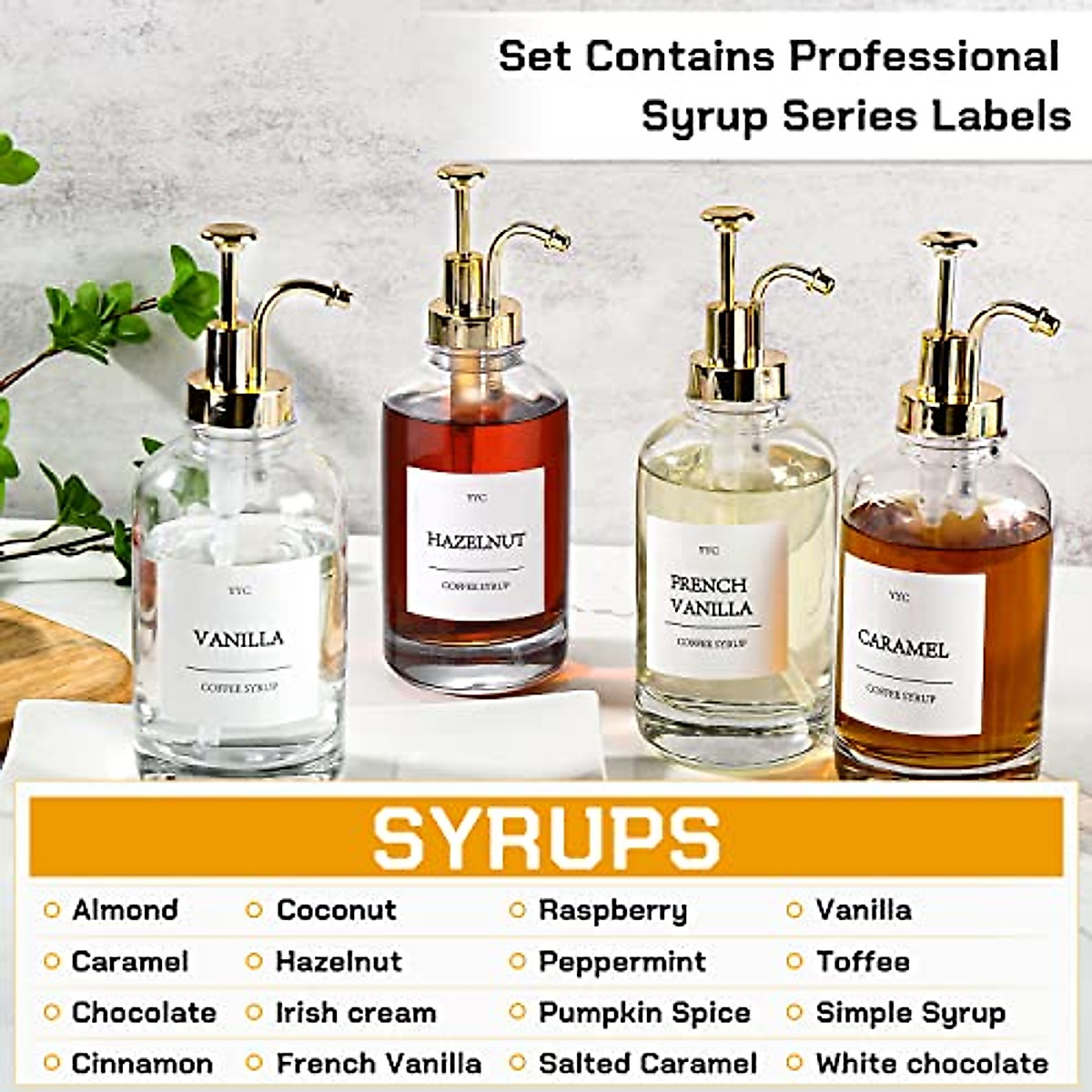 [Coffee Bar Accessories]Coffee Syrup Dispenser for Coffee Bar,YYC Coffee Syrup Pump Dispenser w Labels,Glass Syrup Dispenser 4 Pack,16.9oz Coffee Syrup Bottles