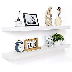 Fun Memories Floating Shelves 36 Inch Long, Rustic White Wood Shelves 8 Inch Deep, Farmhouse Large Display Wall Shelves for Bedroom, Living Room, Kitchen, Set of 2, 36" W x 8" D x 1.6" H