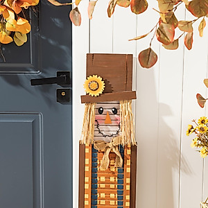 Glitzhome 42"H Rustic Wooden Scarecrow Porch Sign for Fall Harvest Thanksgiving, Farmhouse Style Wood Scarecrow Wall Sign, Standing/Hanging Scarecrow Sign for Home Yard Decor