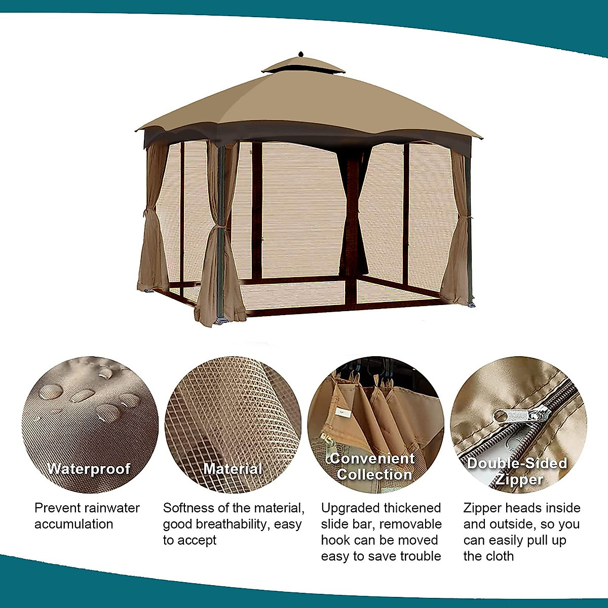 Gazebo Universal Replacement Mosquito Netting - Wonwon Outdoor Gazebo Canopy 4-Panel Screen Walls with Zipper for 10' x 12' Gazebo (Mosquito Net Only) (Brown)