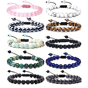 SONNYX 10PCS 8mm Semi-Precious Gemstone Bracelets Set Natural Stone Bracelets for Women Men Round Beaded Adjustable Stretch Crystal Bracelets