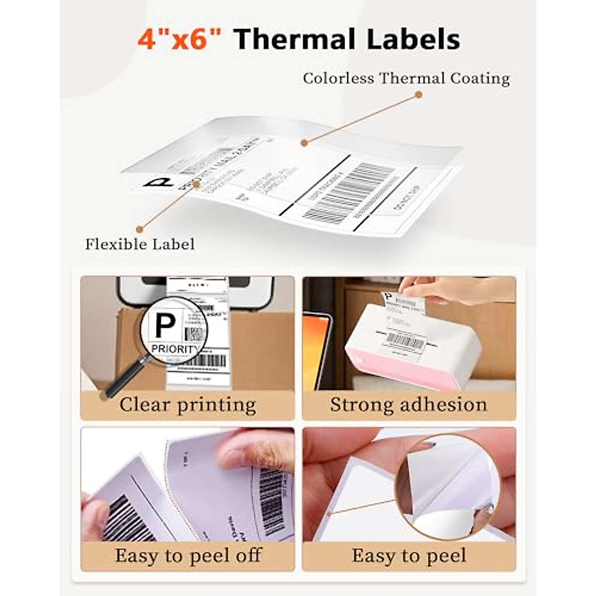 Phomemo 4x6 Thermal Direct Shipping Label, 4''x 6'' Fan-Fold Labels, Compatible with Rollo, MUNBYN, Zebra, Fargo Label Printer, 1 Pack of 500 Labels