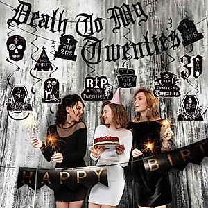 Refavor Death to My 20s Decorations - 14pcs Black 30th Birthday Party Decorations Banner Hanging Swirls Rip to My 20s Birthday Decor Party Ceiling Supplies Women Men Funeral for My Youth Party Decor