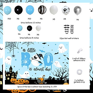 Halloween Baby Shower Party Decorations for Boys, A Little Boo Is Almost Due Backdrop Halloween Blue Black Silver Balloon Garland Kit Bat Wall Sticker White Ghost Foil Balloon