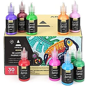 ARTEZA Fabric Paint, 30 Colors, Permanent 3D Paint, Glow-in-the-Dark, Glitter, Neon, and Metallic Hues, 30-ml Bottles, for Textiles, Canvas, and Wood