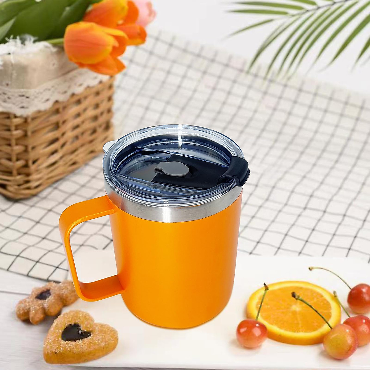 GOBATT 1pack 12oz Coffee Mug With Handle Bulk, Stainless Steel Insulated Travel Tumblers With,Double Wall Vacuum Camping Cup for Hot & Cold Drinks Tea (orange)