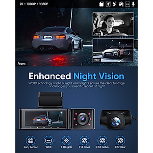 AZDOME 3 Channel 4K Dash Cam for Cars, 4K+1K Dash Cam Front and Rear, 1440P+1080P+1080P Triple Dash Cam, 3.19" IPS Screen, Built-in GPS WDR IR Night Vision, 24H Parking Mode, 64GB Card Included