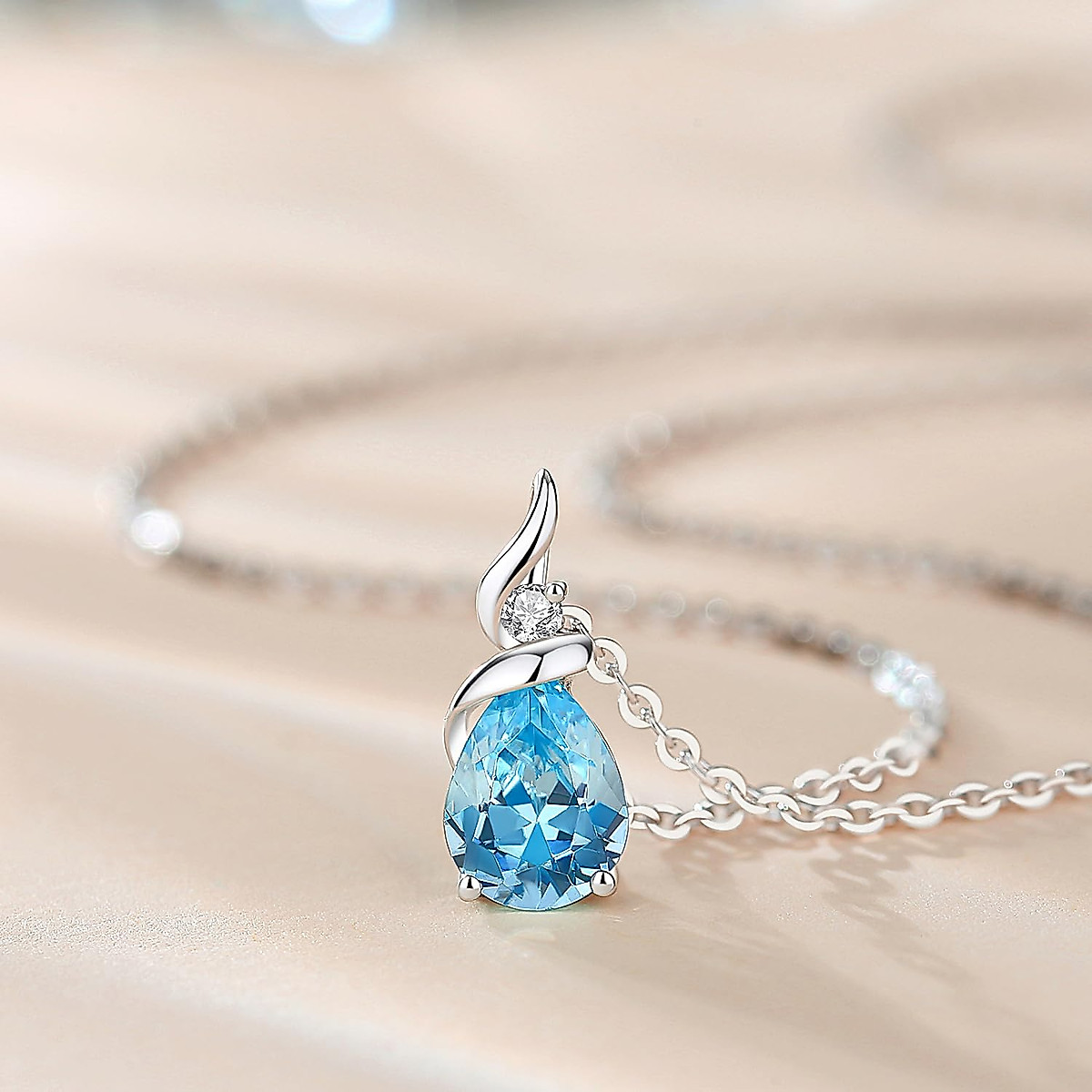 FANCIME Aquamarine Necklace March Birthstone Jewelry 14K Solid White Gold Pear Shaped Teardrop Pendant Gifts for Mom Women