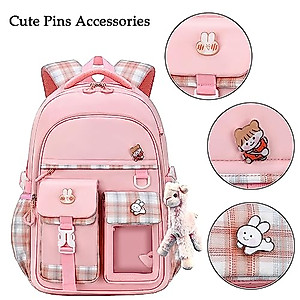 LIK EPOCH Pink Backpack Kawaii Backpack with Cute Pin Accessories Plush Pendant,16 Inch Aesthetic Personalized Breathable Backpack with Reflective Design