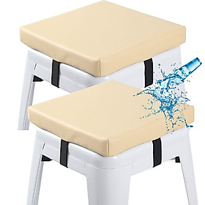 ANWUCHEN Bar Stool Cushions Square,PU Leather Square Seat Cushion Thick Kitchen Dining Chair Cushion Pads with Ties Elastic Bands Waterproof Oilproof Removable Adjustable Buckles(12"X12",Beige)
