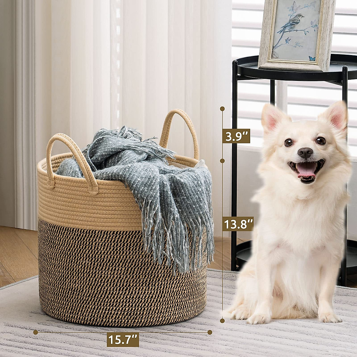 YOUDENOVA Blanket Basket Hamper for Living Room, Decorative Wicker Rope Basket for Blankets with Handles, Small Round Woven Laundry Basket, Cute Jute Hamper for Baby, Bedroom, Brown, 16" W × 14"L…