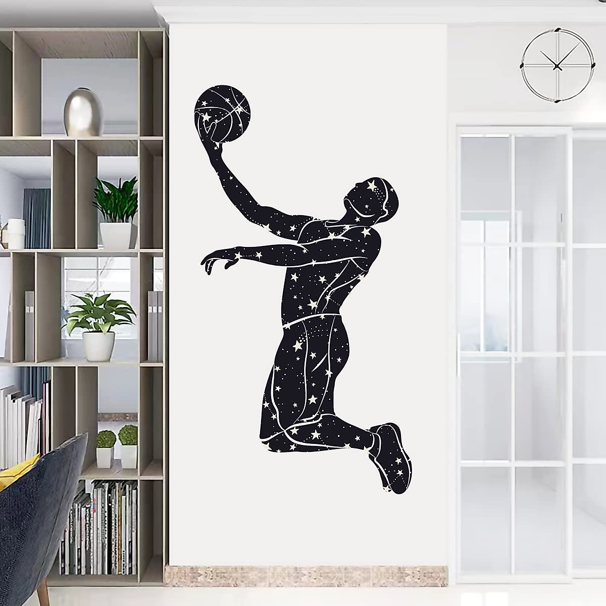 WOYINIS Creative Stars Basketball Player Silhouette Wall Decal Sport Theme Wall Stickers Peel and Stick Basketball Wall Art Mural Sticker for Kids Room Playroom Nursery, Astronomical Background