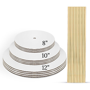 FromJennWithLove Cake Cardboard Rounds - Includes 8", 10", 12" Cake Boards with 12" x 0.25" Bamboo Dowels, Tier Cake Stacking Kit, Cake Dowels for Tiered Cakes, Cake Decorating Supplies