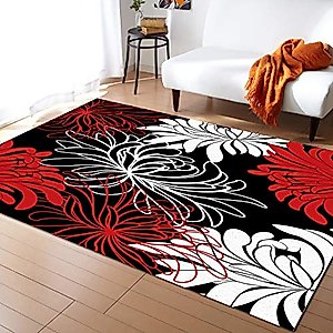 Maliyand Indoor Area Rug, Chrysanthemum Flower Abstract Floral Pattern Red Black White Anti-Skid Rectangle Accent Rugs for Children Bedroom Living Room Nursery Decoration, 2'7"x5'