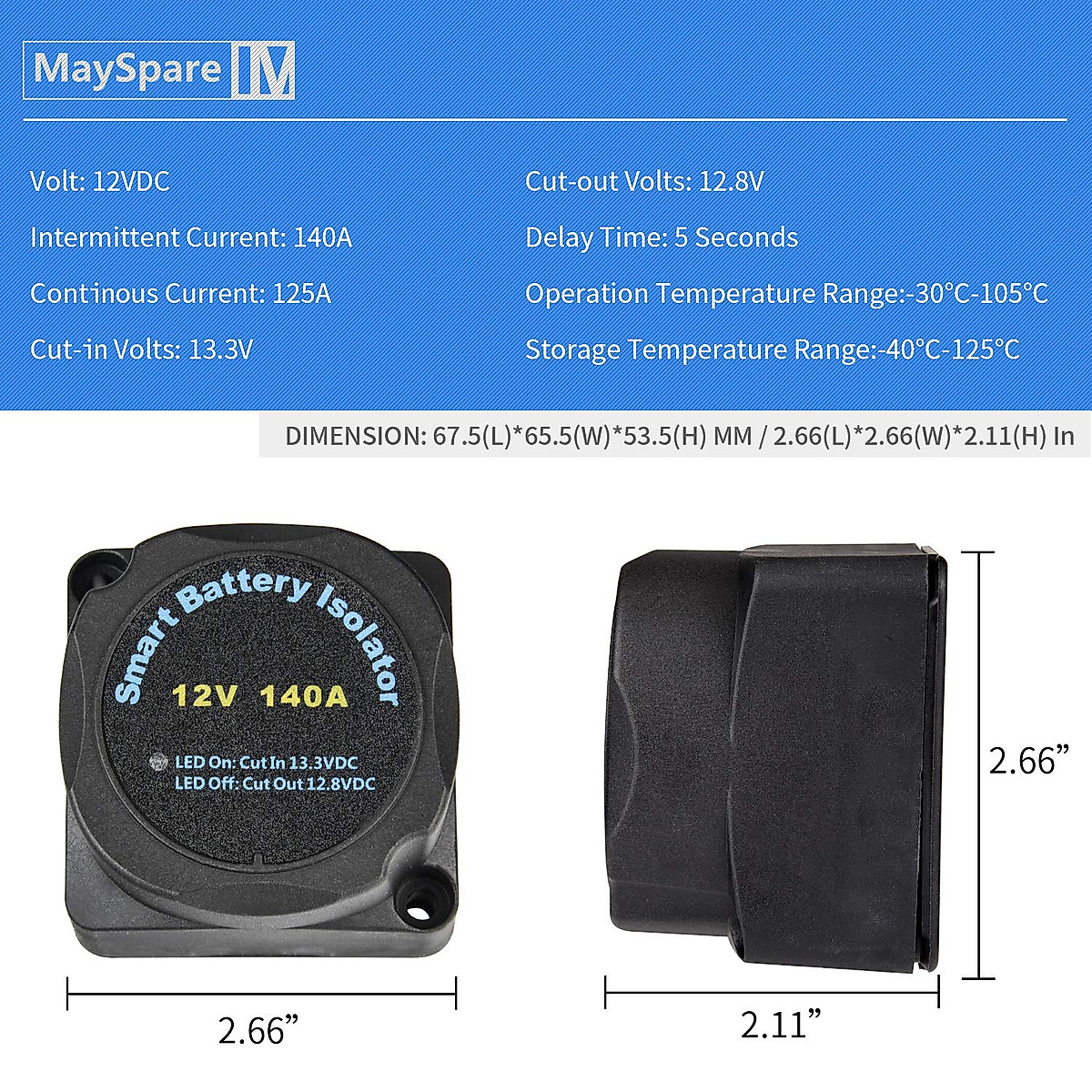 MaySpare 12V 140Amp Voltage Sensitive Relay VSR Double Battery Automatic Charging Relay Dual Smart Battery