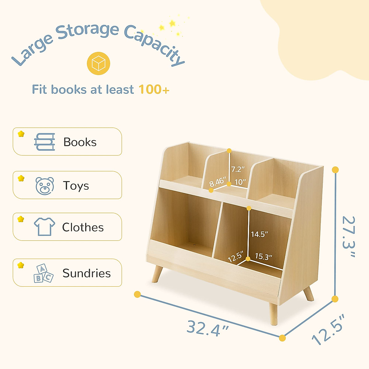 Curipeer Kids Bookshelf, Baby Book shelf and Toy Organizer, Wooden Open Bookcase with 5 Cubbies, 2-Tier Baby Storage Display, Christmas and Birthday Gifts for Playing Room, Nursery, Natural Wood Color