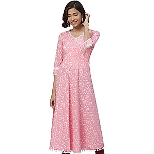 Yash Gallery Women's Cotton Floral Print Anarkali Kurtis (Light Pink)