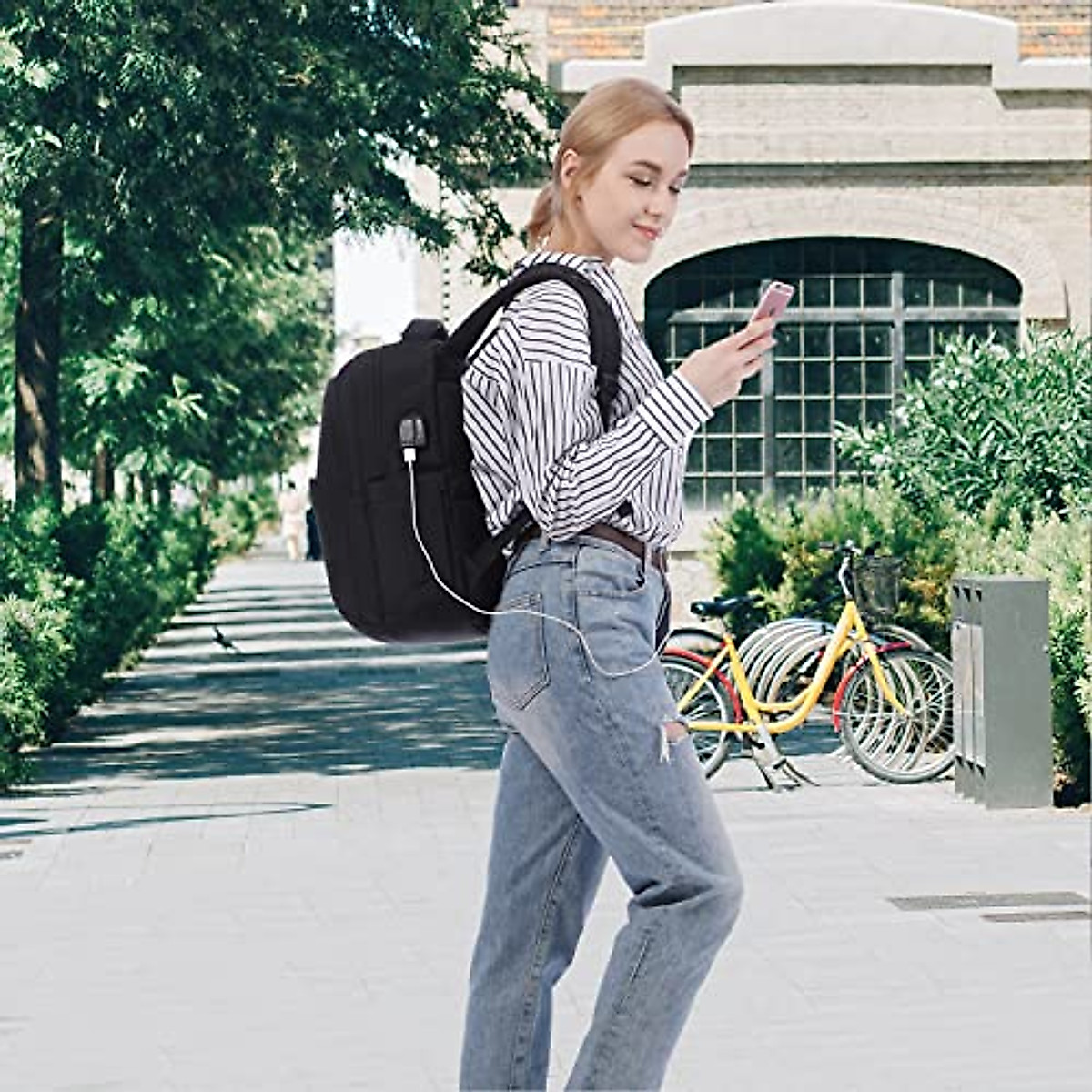 LOVEVOOK Black Backpack for Women Men Teen, Classical School Bookbag 14" Laptop with USB Charging Port for College Work Travel, Fashion Daypack