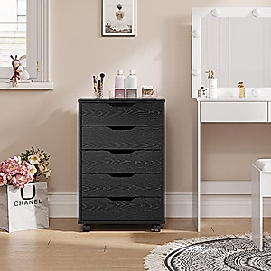 Panana 5/7 Drawer Chest, Wooden Tall Dresser Storage Dresser Cabinet with Wheels, Office Organization and Storage, Bedroom Furniture (5 Drawer, Black)