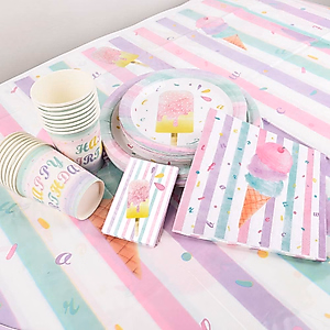 Ice Cream Party Supplies Set - Ice Cream Popsicle Party Tableware for Girls Kids Birthday Baby Shower Disposable Tablecloth Plates Paper Cups Napkins Cutlery Bag Utensils Serves 16 Guests 130PCS