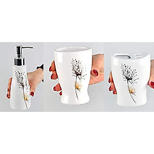 HOME-X Bathroom Accessory Set, 4-Piece Set with Soap Dish, Liquid Dispenser, Tumbler, and Toothbrush Holder, White with Flower Print