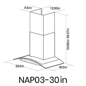 EKON KITCHEN NAP03-30 inch Wall Mounted Stainless Steel & Curved Glass Kitchen Range Hood 900 CFM / 4 Speeds Touch Control With Remote & LCD Display / 2 Pcs 3W Led Lamp / 2 Pcs Baffle Filters