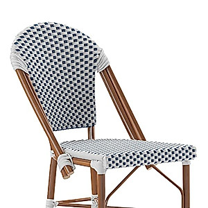 Flash Furniture Lourdes Commercial Grade Bistro Bar Height Stool, Stackable Indoor/Outdoor Dining Stool, 30" High, White/Navy and Bamboo Finish, Set of 2