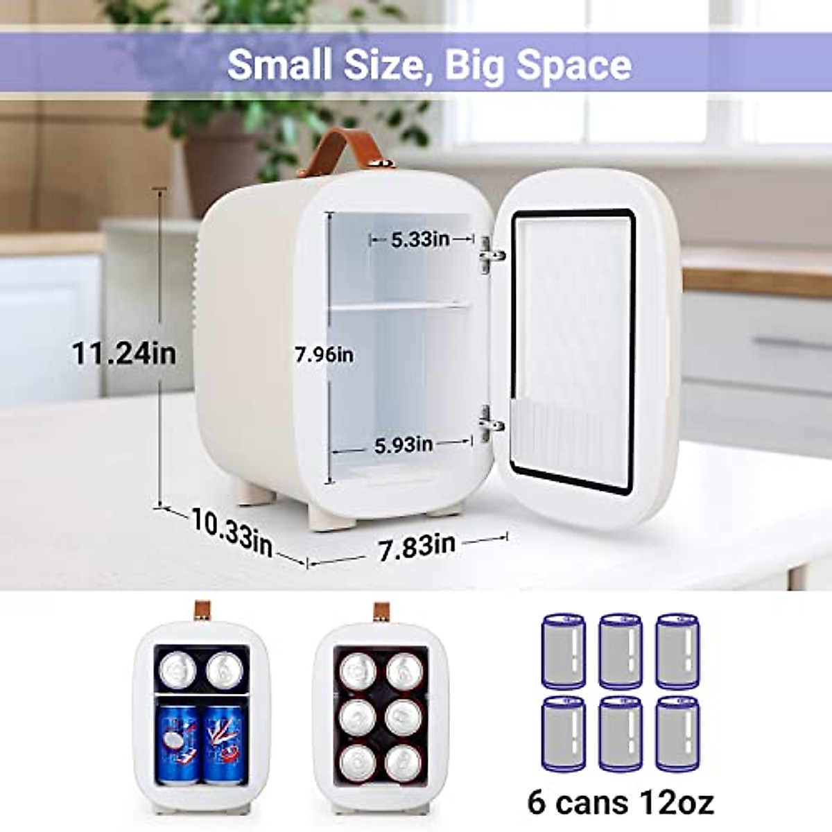 Living Enrichment Mini Fridge, 4L Skincare Fridge, Portable Small Refrigerator Cooler for Skincare, Beverage, Food, Cosmetics, Home, Bedroom, for Christmas Gift - Stone White