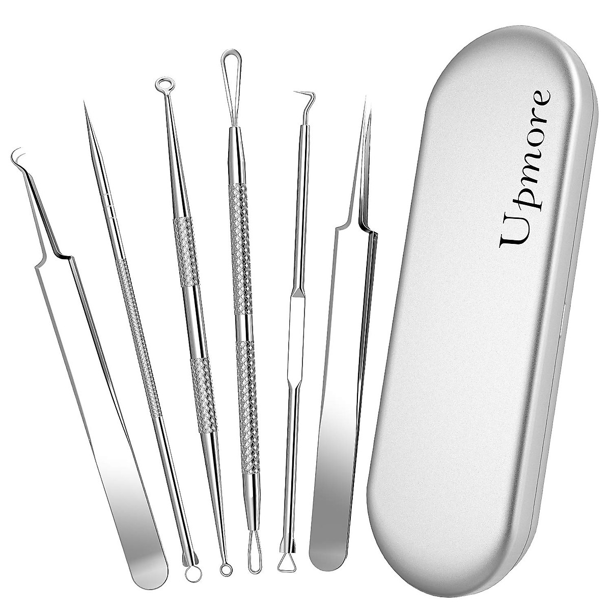 Pimple Popper Tool Kit, Upmore 6PCS Blackhead Remover Professional Stainless Acne Blemish Comedone Extractor Removal Tools with Metal Case and Tweezers for Whitehead Acne on Nose Face