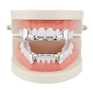 OOCC 18K Gold Plated Hip Hop Teeth Grillz Caps Iced Out CZ Top and Bottom Vampire Fangs Grillz for Your Teeth (Silver)