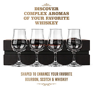 Whiskey, Scotch, Bourbon Tasting Glasses | Set of 4 Crystal Snifters | Professional 4 oz Tulip Shaped Nosing Copitas with Short Stem | Small Stemmed Gift Sniffers for Sipping Neat Liquor