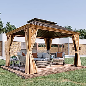 GAZEBEST 10'x12' Hardtop Gazebo Outdoor Aluminum Patio Gazebo Double Roof Galvanized Steel Gazebo Canopy Wooden Finish Coated with Netting and Curtains,for Garden Patio,Patio Backyard,Deck and Lawns