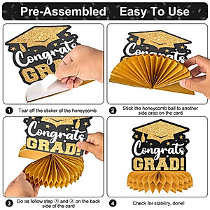 8 Pieces Class of 2024 Graduation Table Decorations - 2024 Congrats Grad Honeycomb Centerpieces, Graduation Table Toppers Decor for 2024 Graduation Party Decorations Favor Supplies (Black and Gold)