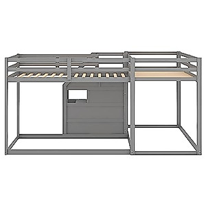 Harper & Bright Designs L Shaped Bunk Bed for 4, Wood Quad Bunk Bed with Stairs, for Kids Teens Adults (Gray)