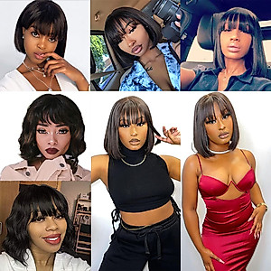 WENYAN Short Bob Wig Human Hair with Bangs 8 Inch None Lace Front Wigs for Black Women Brazilian Virgin Straight Hair 150% Density Machine Made Bob Wigs Natural Color