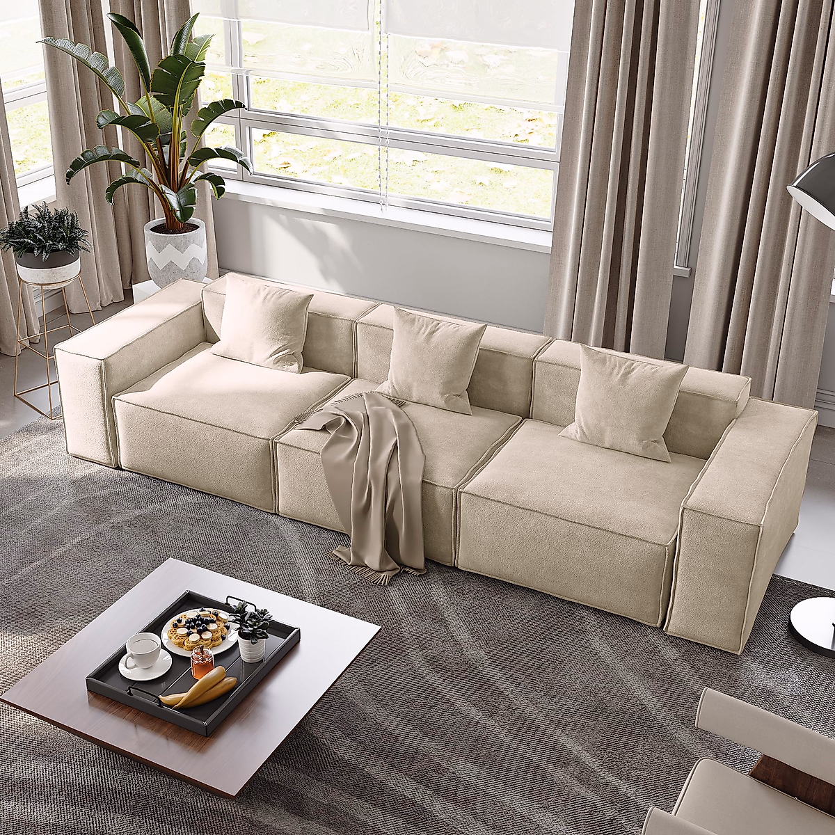 POVISON 115" Modular Sectional Sofa for Living Room Modern Large Sectional Couches Velvet Deep Seat Sofa Set 3 Seats Oversized Big Comfy Cloud Couch for House Office