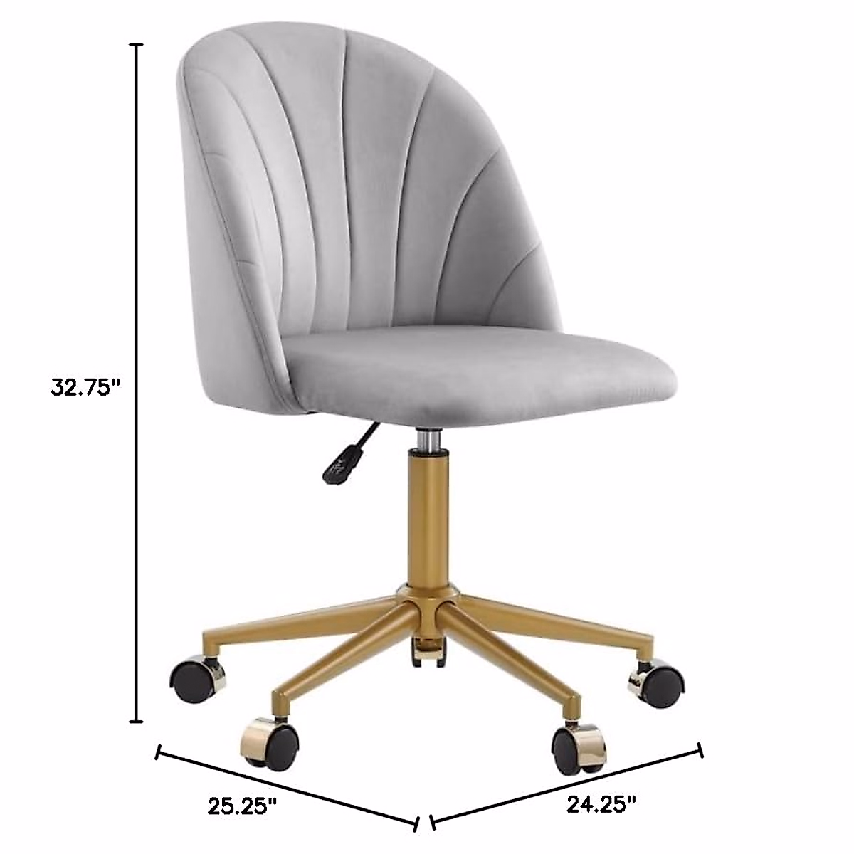 Pemberly Row Upholstered Adjustable Swivel Desk Chair Gold Legs in Light Gray