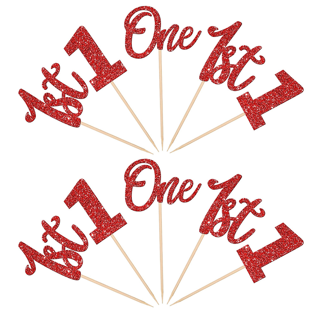 24 PCS One Cupcake Toppers Glitter 1st Birthday Cupcake Picks Number 1 First Birthday One Cake Decorations for Baby Shower Kids 1st Birthday Anniversary Party Supplies Red