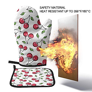 VunKo Red Cherry Oven Mitts and Pot Holders Sets Heat Resistant Oven Gloves with Non-Slip Surface for Safe BBQ Cooking Baking Grilling Set of 2