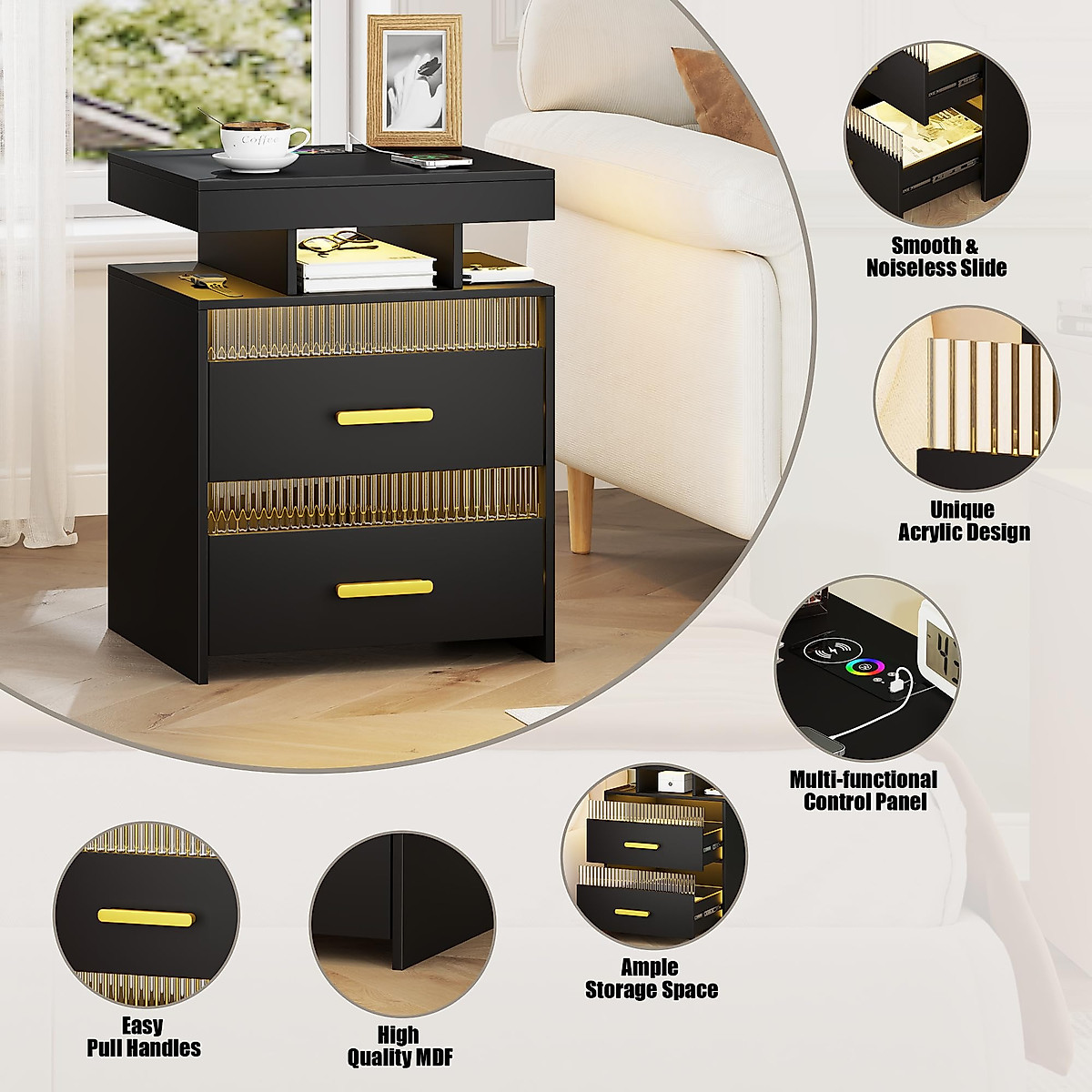 Nightstand with Charging Station and LED Lights, Night Stand with 2 Drawers, Wood Smart Bedside Table, Modern Bed Side Table for Bedroom, Black