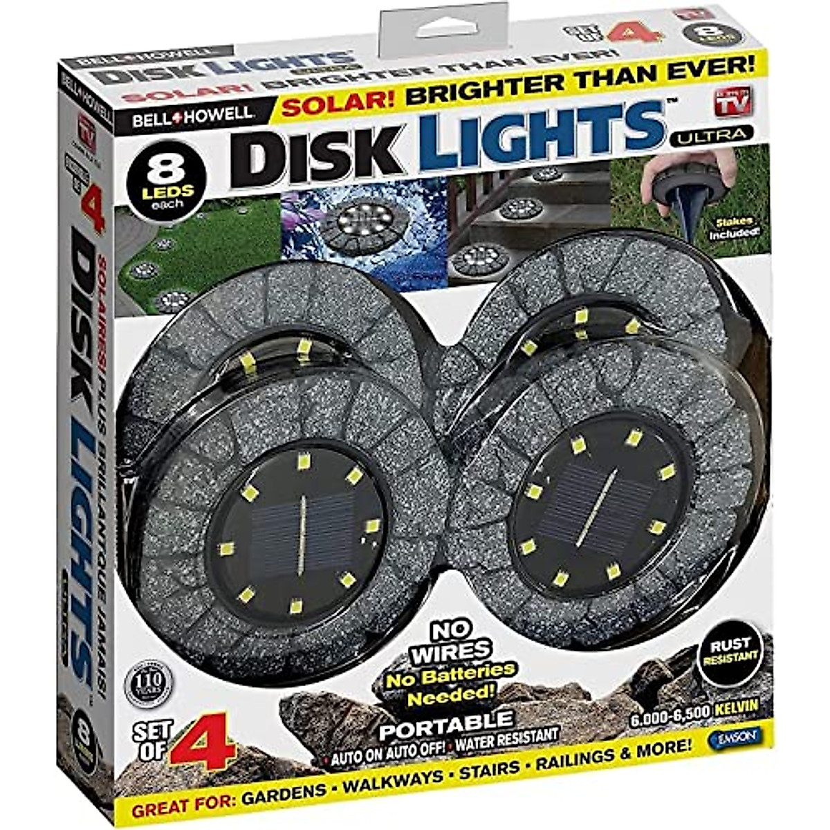 Bell+Howell Disk Lights Solar Ground Lights Stone Slate Upgraded Wireless Auto On/Off Solar Garden Outdoor Waterproof Lighting with for Lawn, Patio, Garden, Yard, Pathways, 4Pcs As Seen On TV