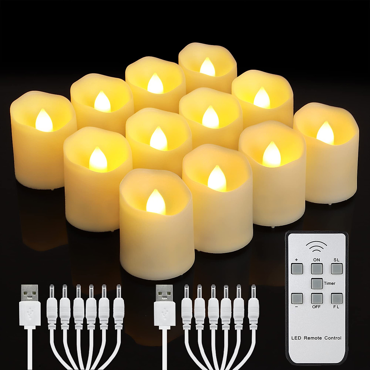 Rechargeable Flameless Votive Candles with Timer & Remote, 12pcs Flickering LED Tea Lights Candles with 2 USB Charging Cables, Warm White Light Electric Fake Candle for Home, Christmas Festival Decor