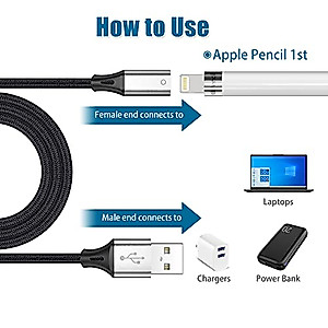 AGVEE 5ft Charging Adapter Cable for Apple Pencil 1st Generation, USB-A Male to Lightning Female Connector Charger Cord Coupler Enables Apple Pencil Pen 1st Gen Match iPad 10, Dark Gray