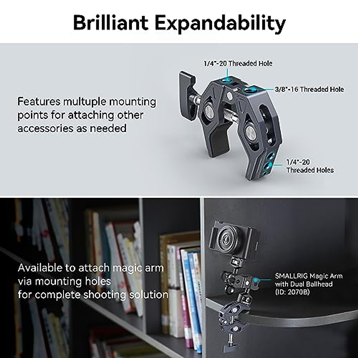 SMALLRIG Clamp, Camera Mount Clamp, Crab-Shaped Super Clamp with 1/4"-20, 3/8"-16 Threaded Holes, Payload 7.7lbs/3.5kg, for Most Photographic Accessories - 3755B